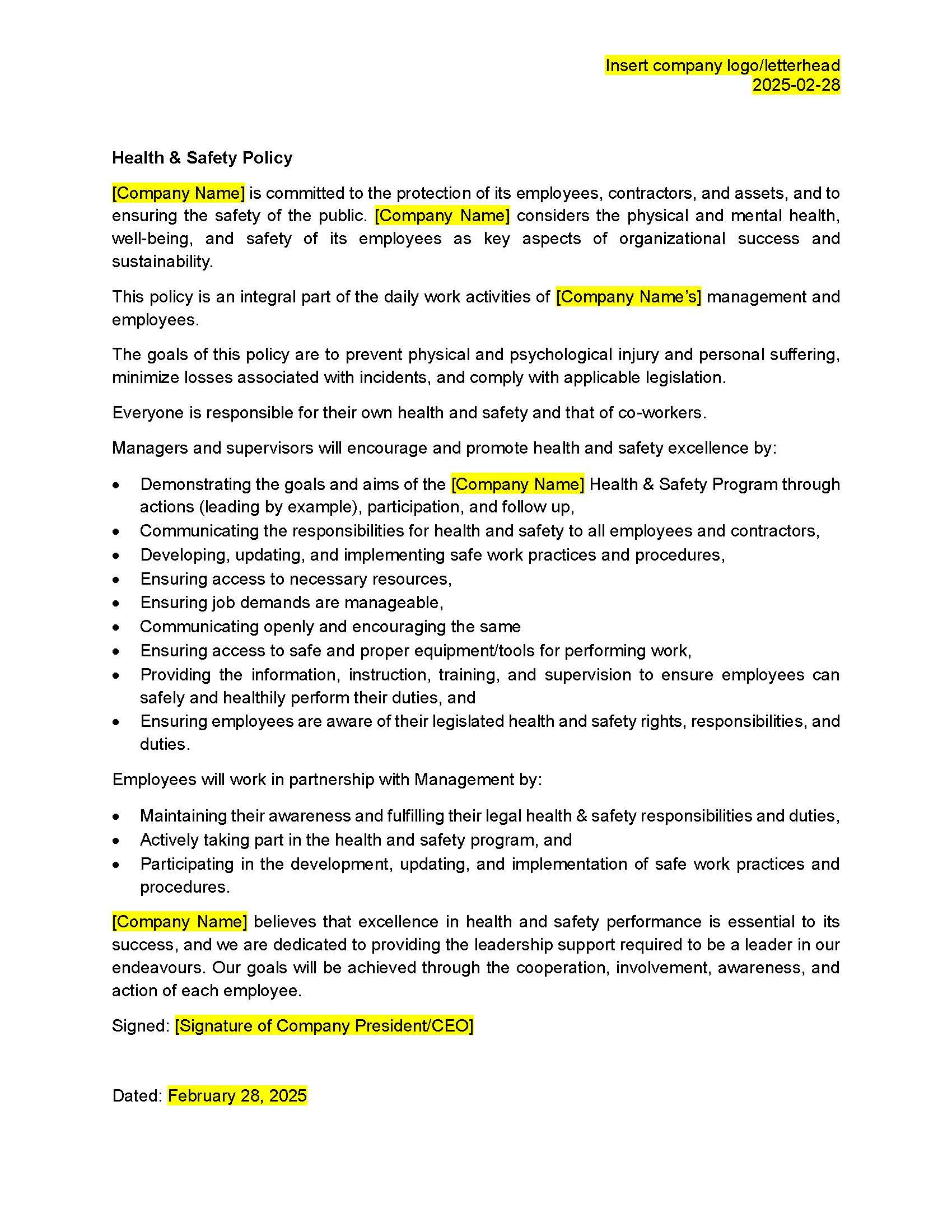 Occupational Health and Safety Policy Template | go2HR