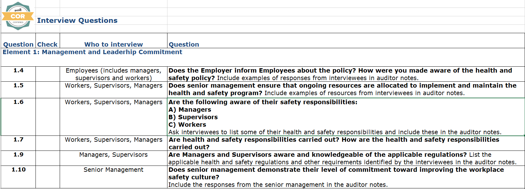 COR Audit Tool Question Guide | go2HR | COR