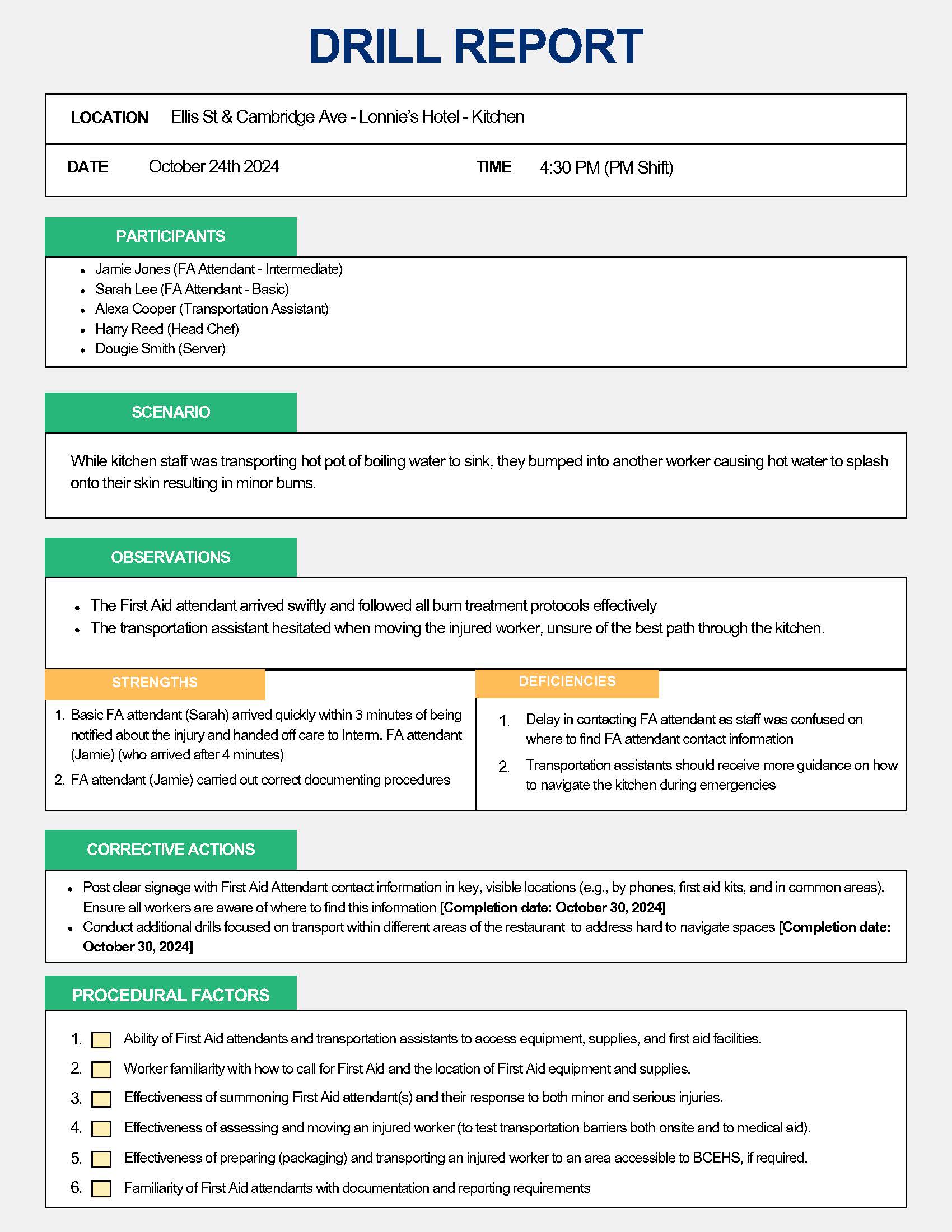 First Aid Drill Report - Example | go2HR | Tourism & Hospitality Resources