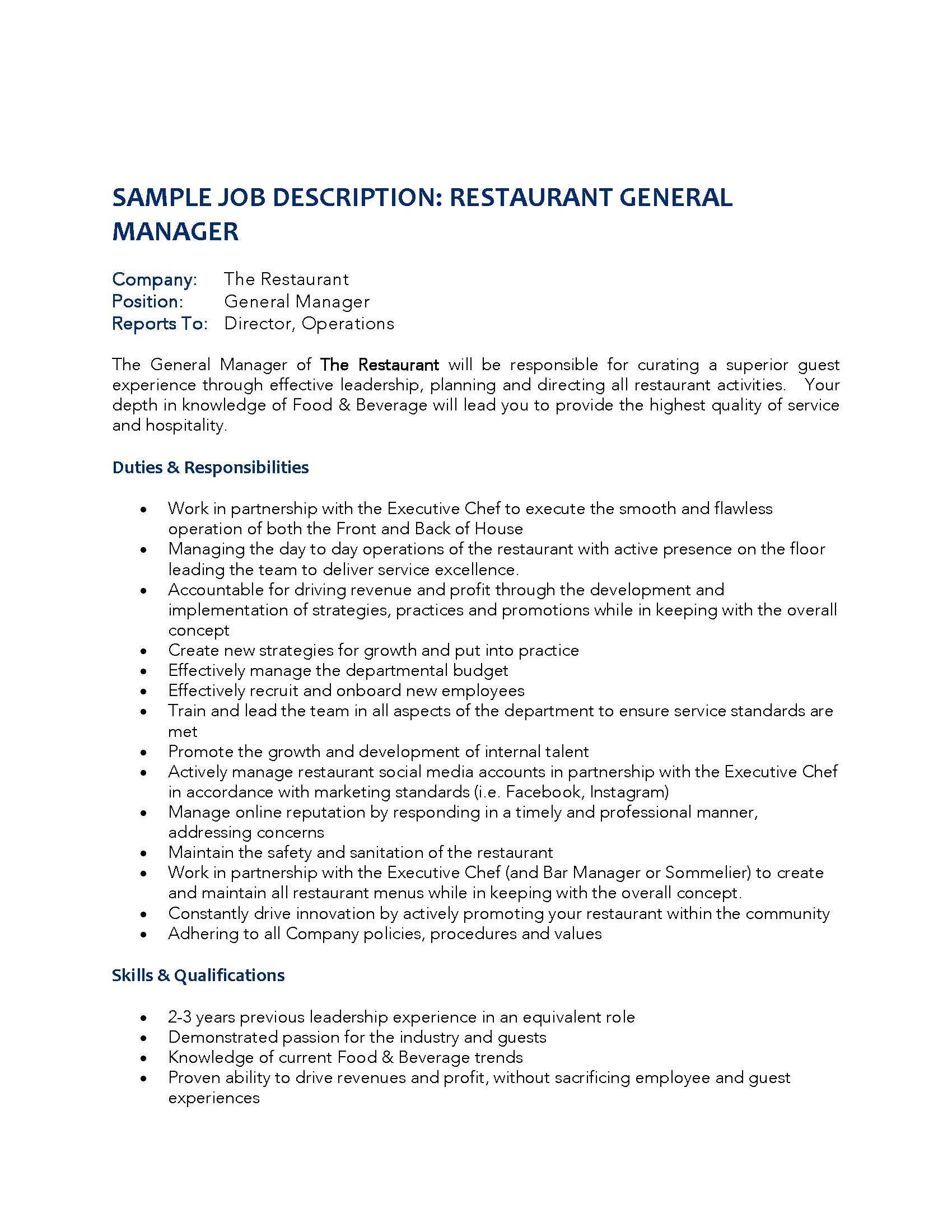 Job Description - Restaurant General Manager | go2HR Resources