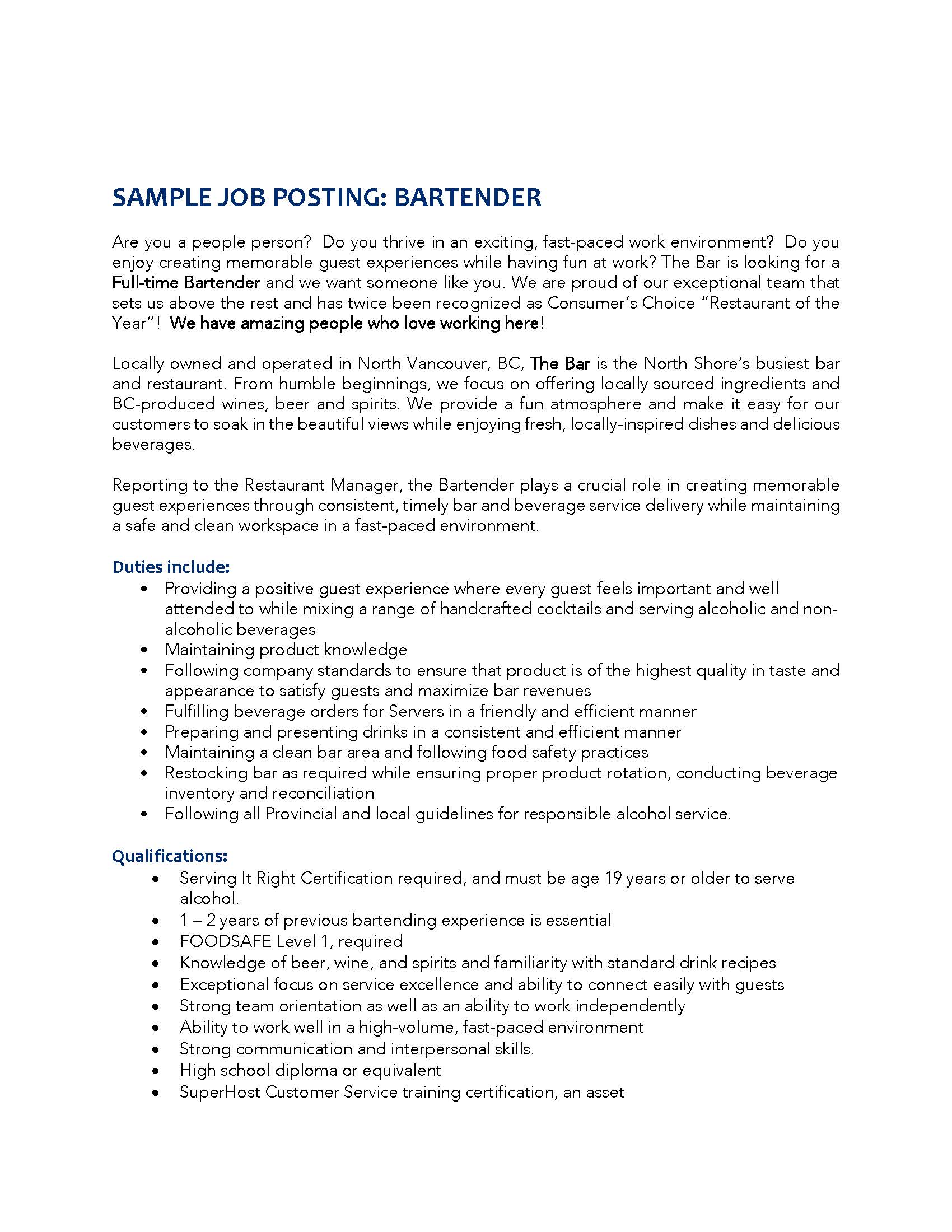 Job Posting Sample - Bartender | go2HR Resources