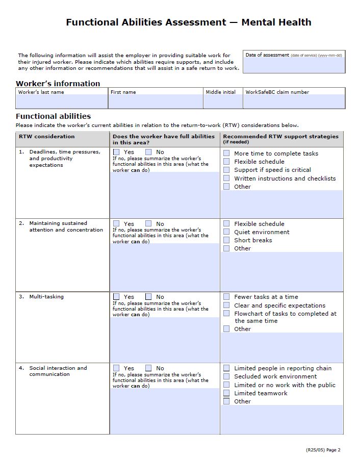 Functional Abilities Assessment — Mental Health: Template for Employers ...