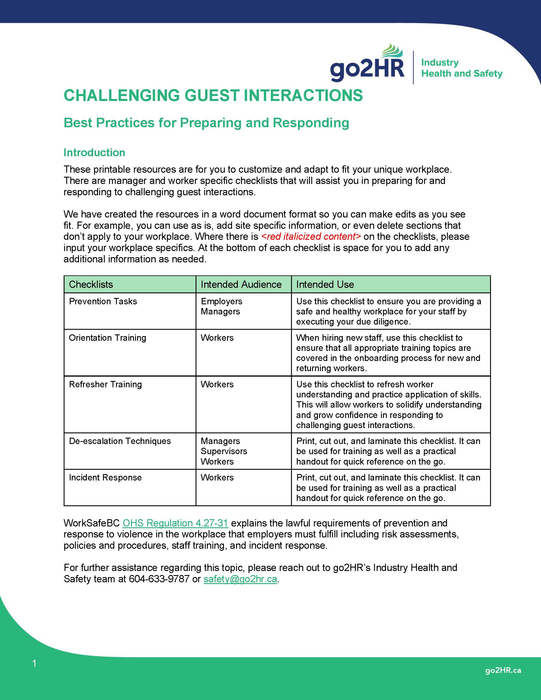 Responding to Challenging Guest Checklists | go2HR