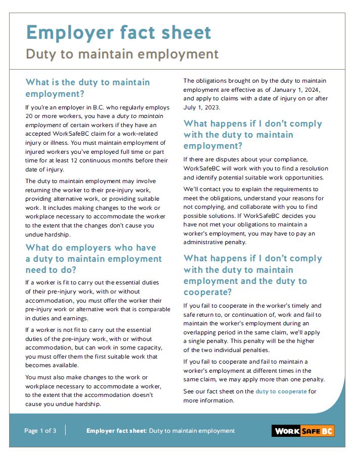 Employer Fact Sheet: Duty to Maintain Employment | go2HR