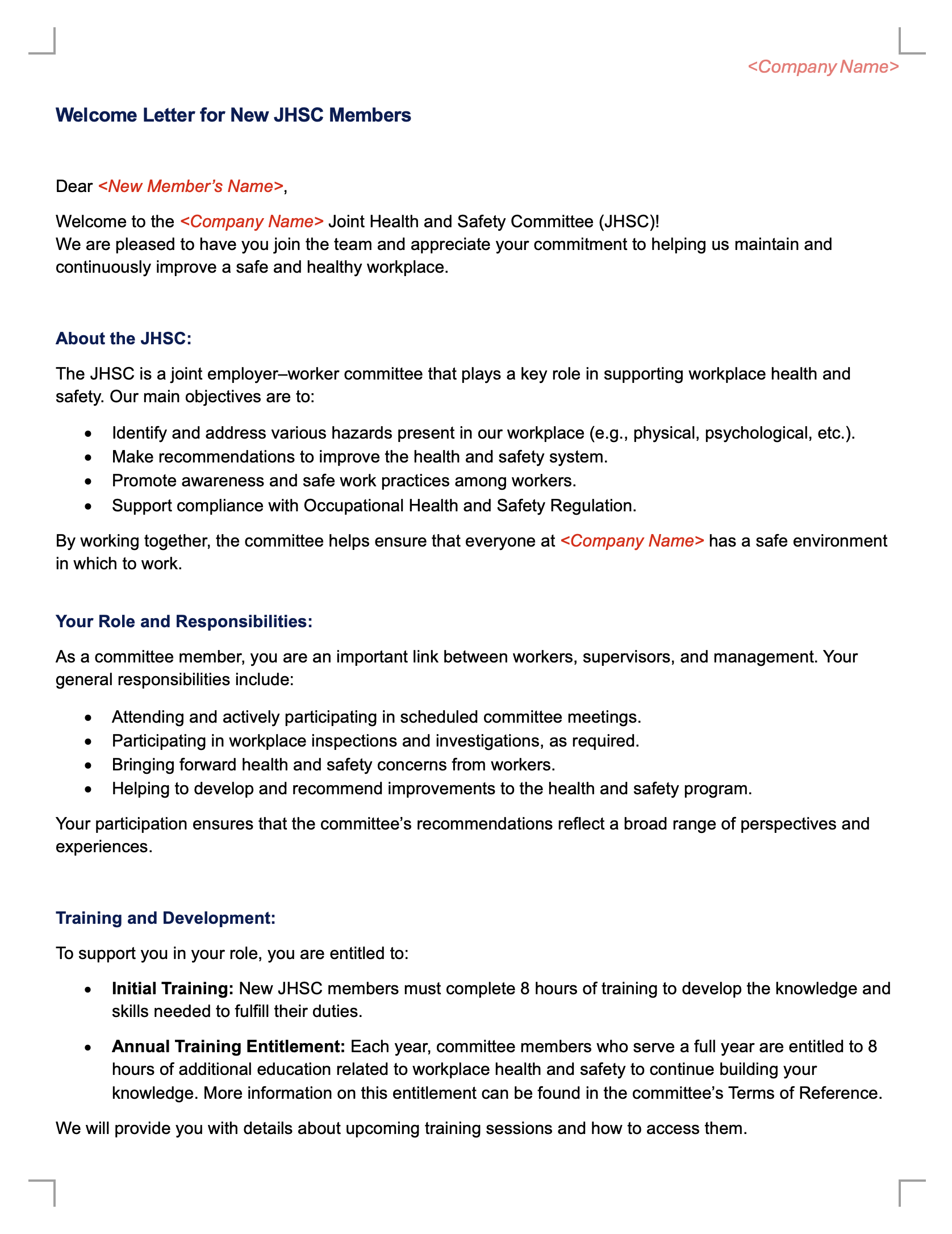 JHSC New Member Welcome Letter Template | go2HR